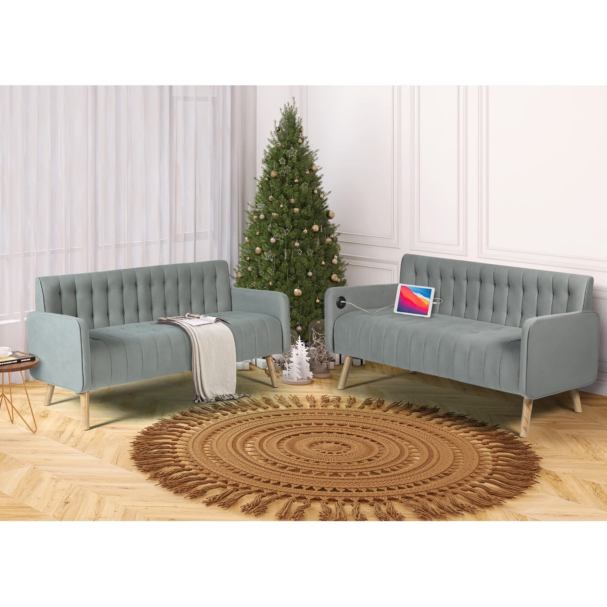 TYBOATLE 57“ Modern Striped Linen Upholstered Loveseat Sofa w/ 2 USB Charging Ports, Mid Century Couch for Small Space Configuration, Living Room, Office, Apartment, Dorm, Grey