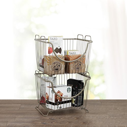 Spectrum Diversified Ashley Stackable Wire Basket with Raised Feet and Looped Handles Modular Stacking Bin System for Kitchen Countertop & Desk Organization, Large, Satin Nickel