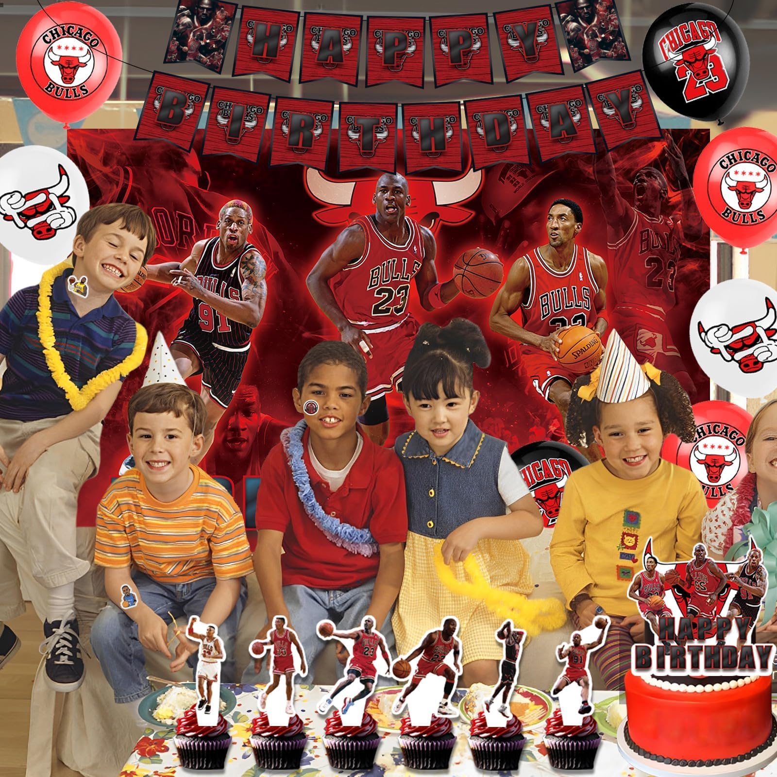 Uchiismt 107pcs ππ±π²π¬πͺπ°πΈ ππΎπ΅π΅πΌ Birthday Party Decorations Jordan Birthday Party Decorations Include Birthday Banner, Cake Toppers, Cupcake Topper, Latex Balloon, Sticker, Backdrop, Hanging Swirl