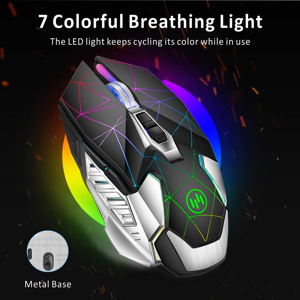 Uiosmuph G10 LED Wireless Gaming Mouse, 2.4G Optical Rechargeable Wireless Mouse, Silent Wireless Computer Mouse with LED Light and Metal Base (Black)