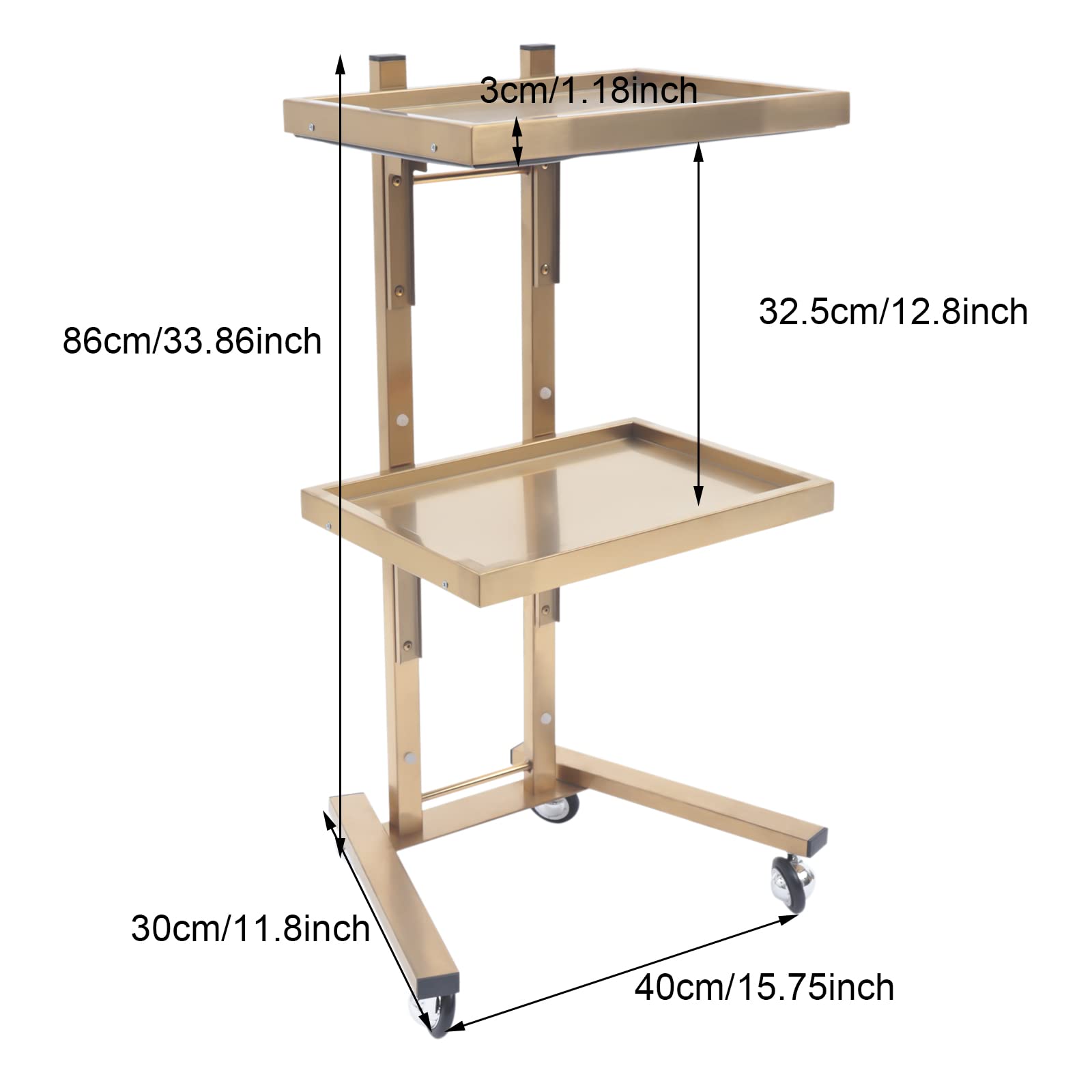 Xuthusman 2-Tier Foldable Tray Trolley Salon 4-Wheel Rolling Cart Utility Storage Shelves Holder with Service Tray Stainless Steel (Gold)