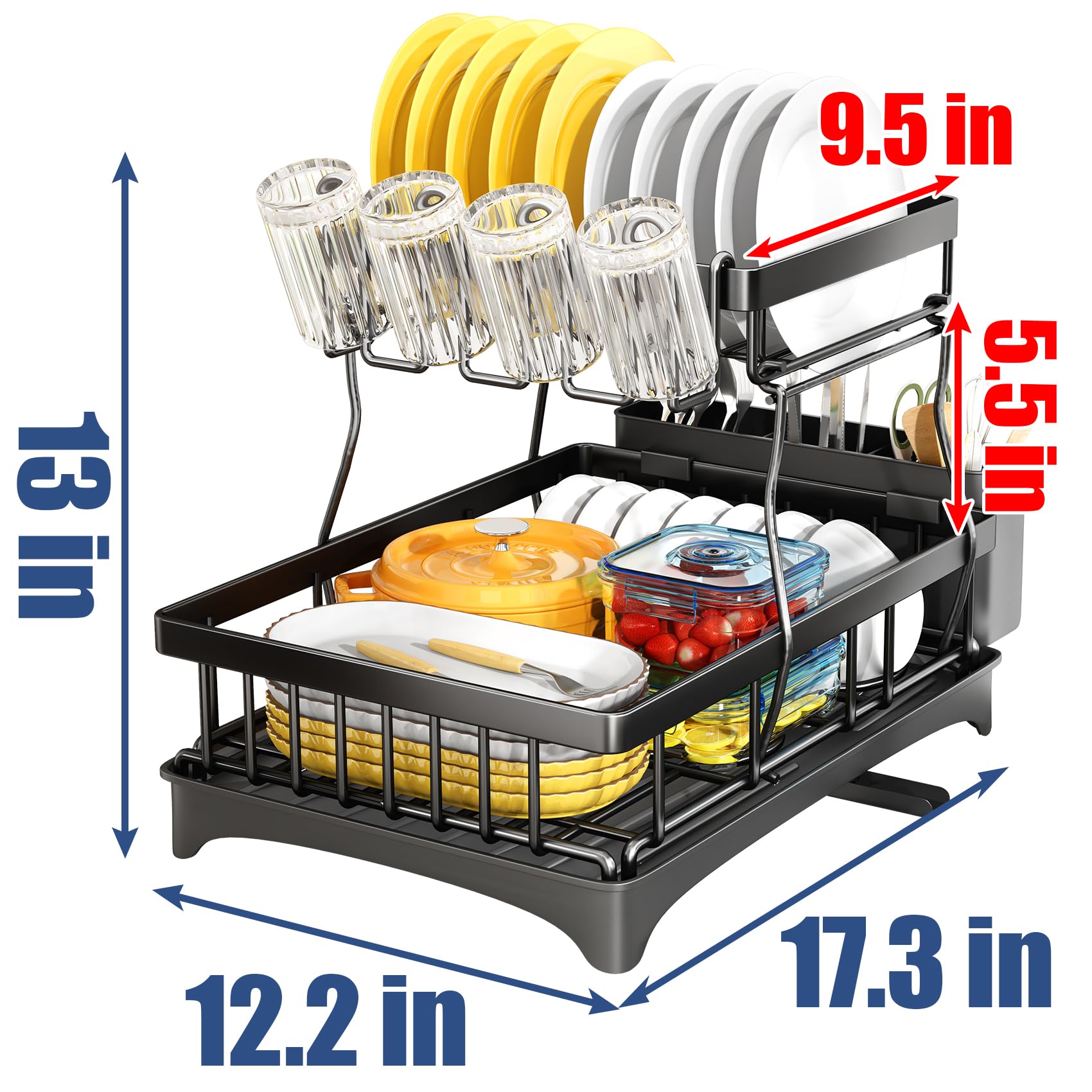 SNTD Dish Drying Rack for Kitchen Counter - Large Dish Rack with Drainboard, Rustproof Dish Drainer with Utensil Holder for Sink, Black