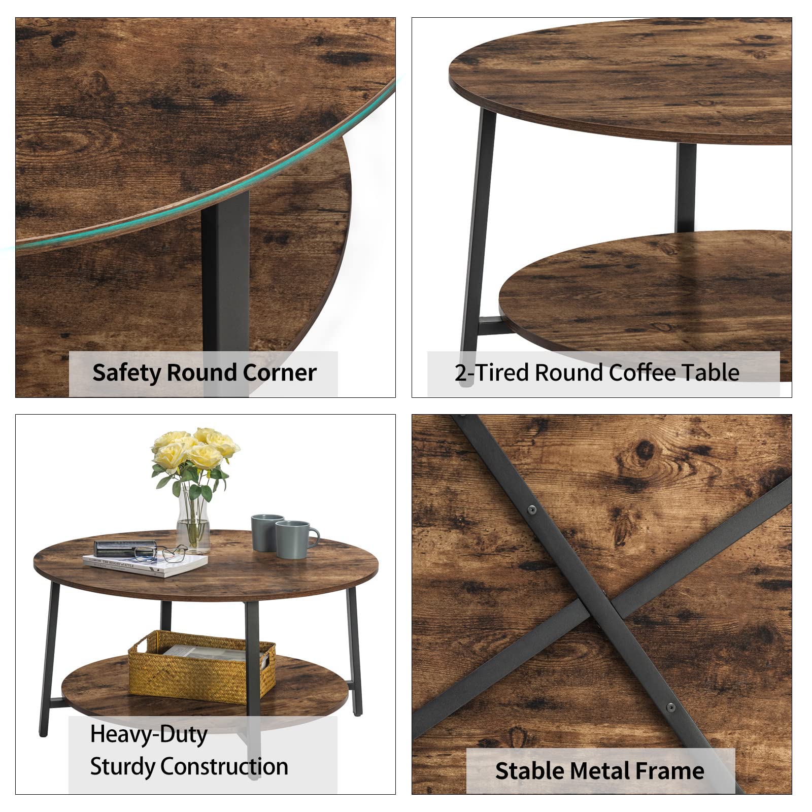 Snughome 35.4’’ Round Coffee Table, 2-Tier Industrial Design Furniture Sofa Table with Storage Open Shelf and Sturdy Metal Legs for Living Room, Wooden Surface Tabletop & Rounded Edges, Rustic Brown