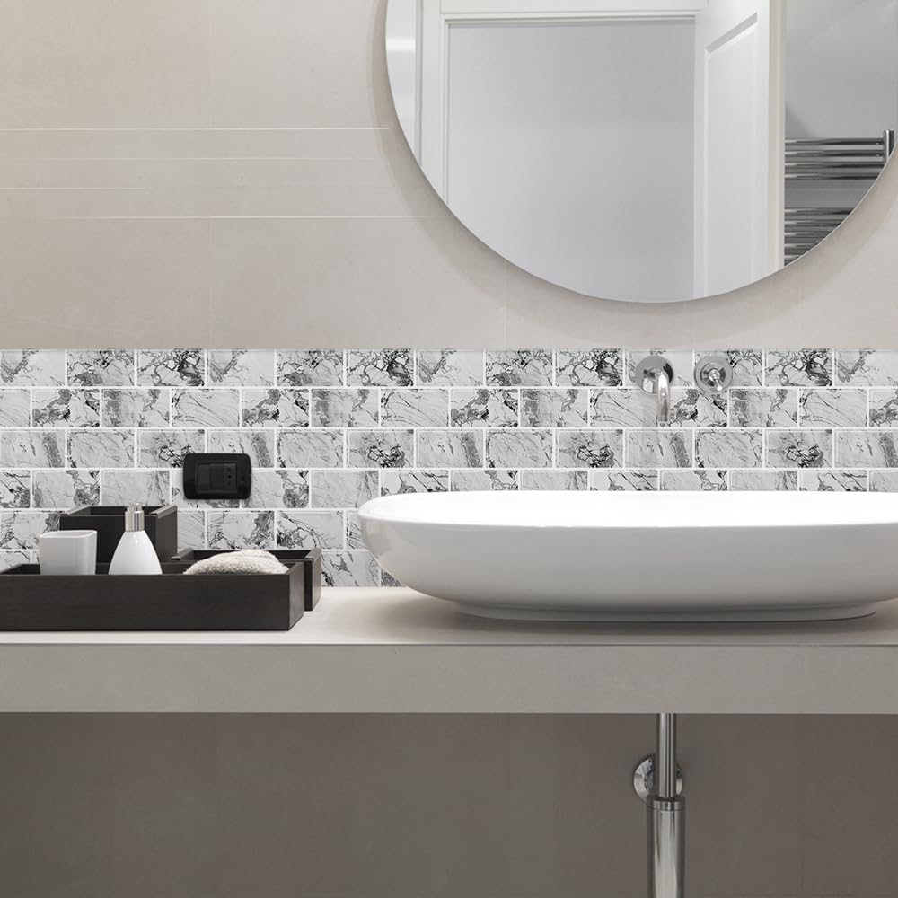 Subway Tile Peel and Stick Backsplash for Kitchen Bathroom Accent Wall Sticker 12"x12" Stick on Backsplash Self Adhesive, Grey Marble,1 Sheet