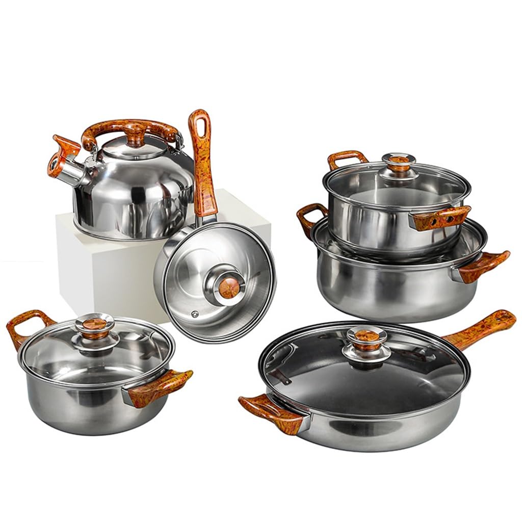 TAOBAO Kitchen Ware Export Wood Grain Detachable Handle, Stainless Steel 12 Piece Set, Non Stick Pot Set