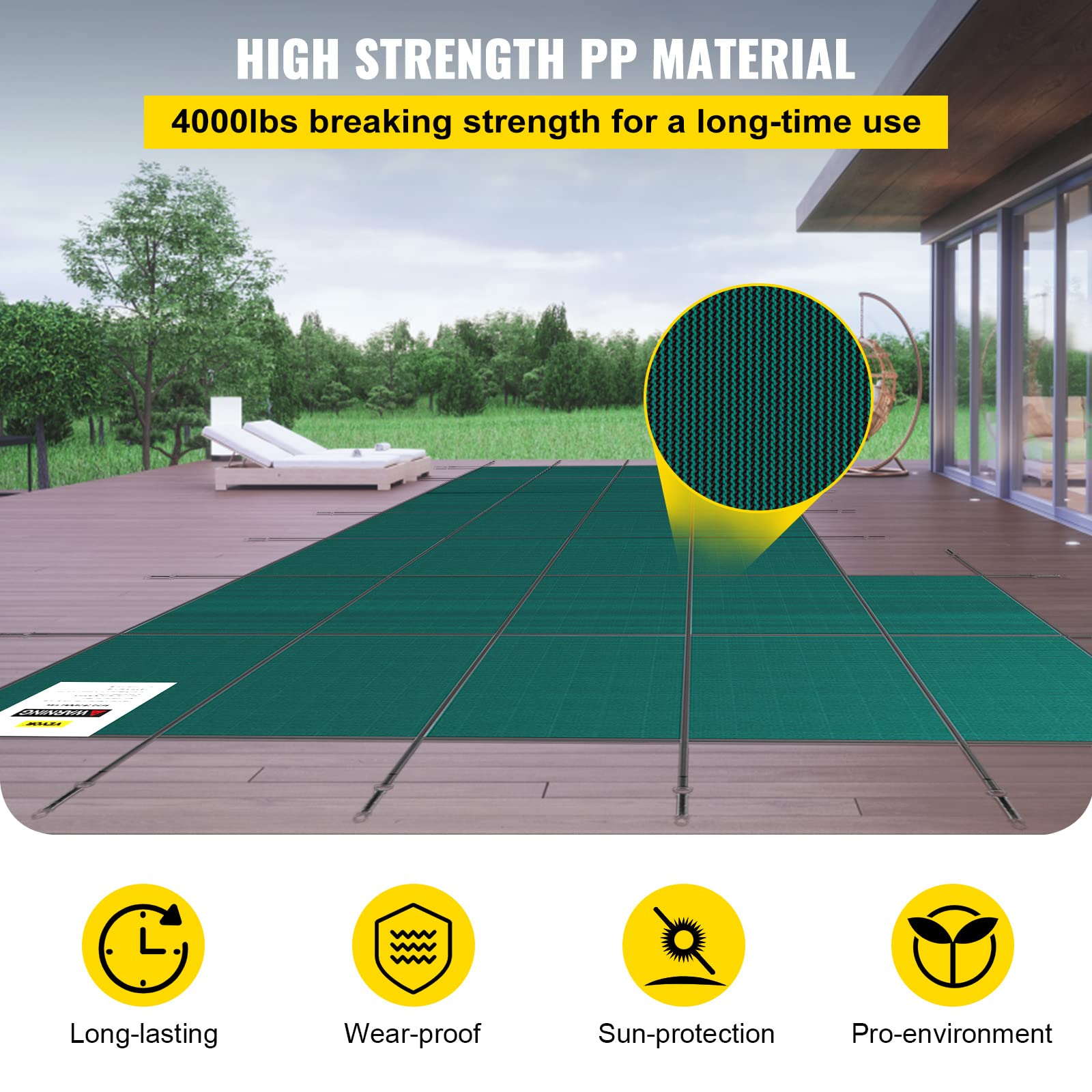 VEVOR Inground Pool Safety Cover, Fits 20 ft x 40 ft Rectangular Winter Pool Cover with Right Step, Triple Stitched, High Strength Mesh PP, Good Rain Permeability, Installation Hardware Included