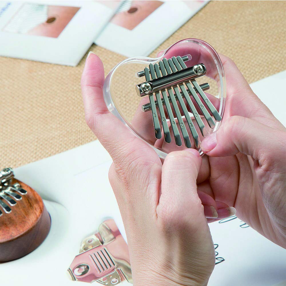 Yahpetes Thumb Piano Mini Kalimba 8 key Crystal Thumb Piano Heart Shape Transparent Finger Piano Marimba Musical Good Accessory Pendant Gift for Beginner(8 Keys Thumb Piano)