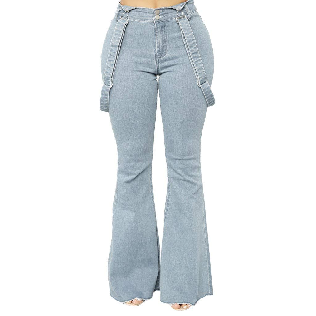 VEZAD Women Jeans High Waist Zipper Button Strap Pants Bell-Bottom Trousers