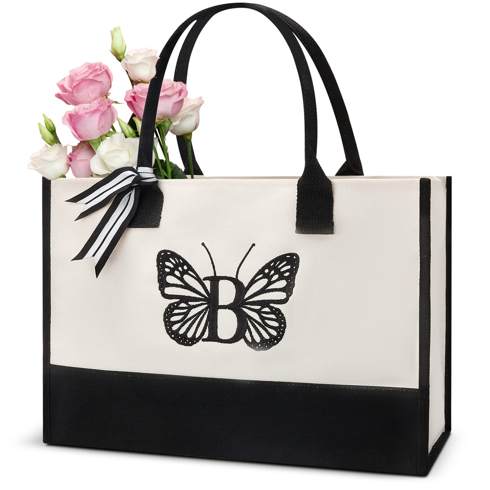 Tote Bag for Women, Cute Initial Tote Bags, Personalized Butterfly Monogram Customized Womens Beach Canvas Tote Bag Aesthetic for Tearcher Work Grocery Travel, Birthday Gifts for Her Ladies, Letter B