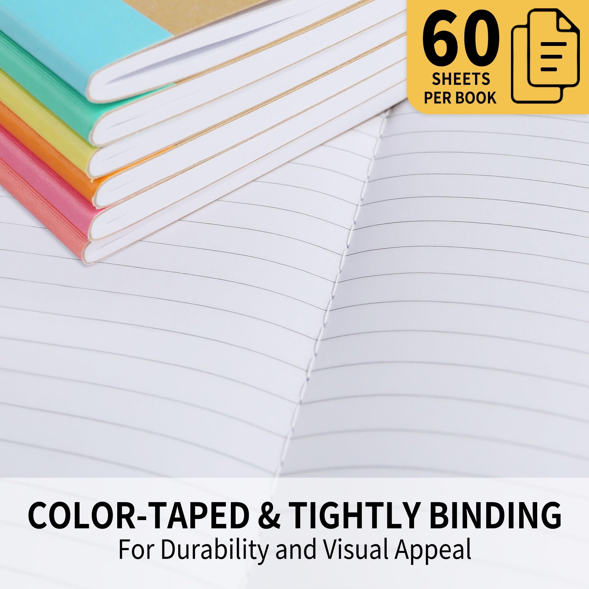 SUNEE 6 Pack Kraft Notebook Journals, Composition Notebooks Bulk, 5.75" x 8.25", 60 Sheet per book with Rainbow Spine, A5 Lined Page, 6 Color, Pastel Notebooks for School, Home&Office,Writing Journal