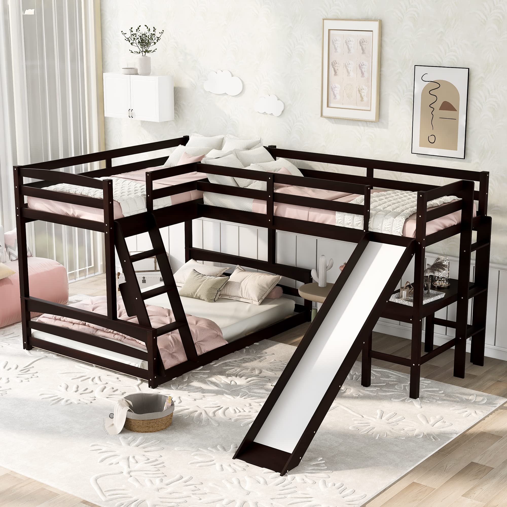Tidyard Twin Over Full Bunk Bed with Twin Size Loft Bed with Desk and Slide,Full-Length Guardrail, Espresso Platform Bed Frame, Easy Assembly for Dorm, Bedroom