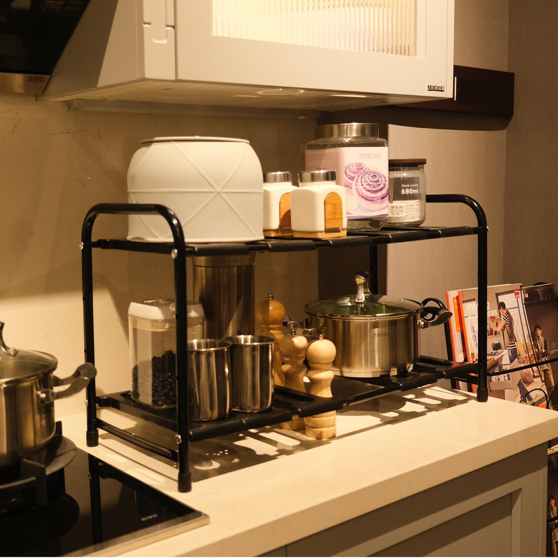 Under Sink Organizers and Storage, Expandable Metal 2 Tier Cabinet Shelf Storage Rack With 10 Detachable Panels for Kitchen Bathroom