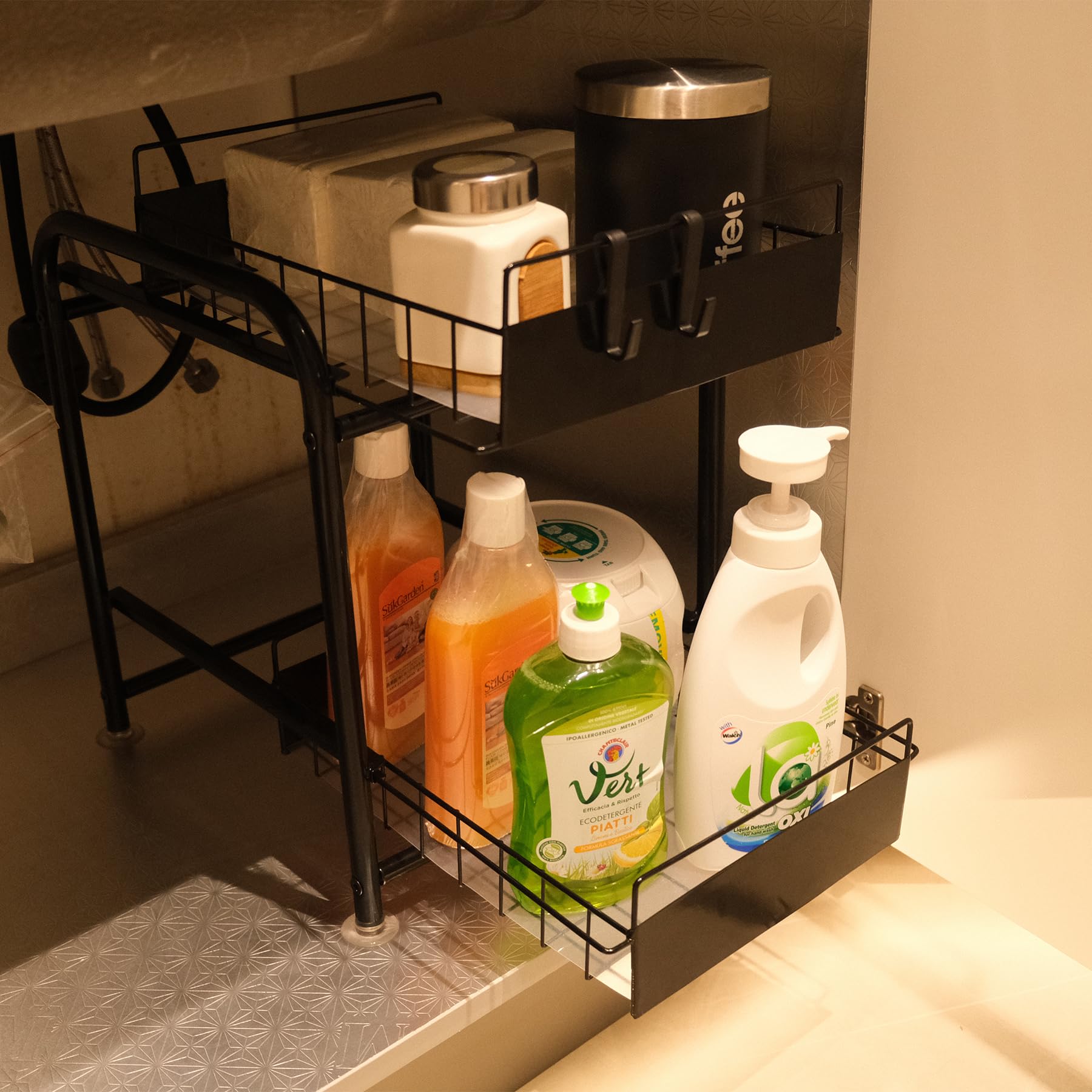Under Sink Organizers Storage Pull Out Drawers, Metal 2 Tier Slide Out Sink Shelf Cabinet with 2 Drawers, Double Sliding Storage Shelves with Hooks Kitchen Bathroom Black