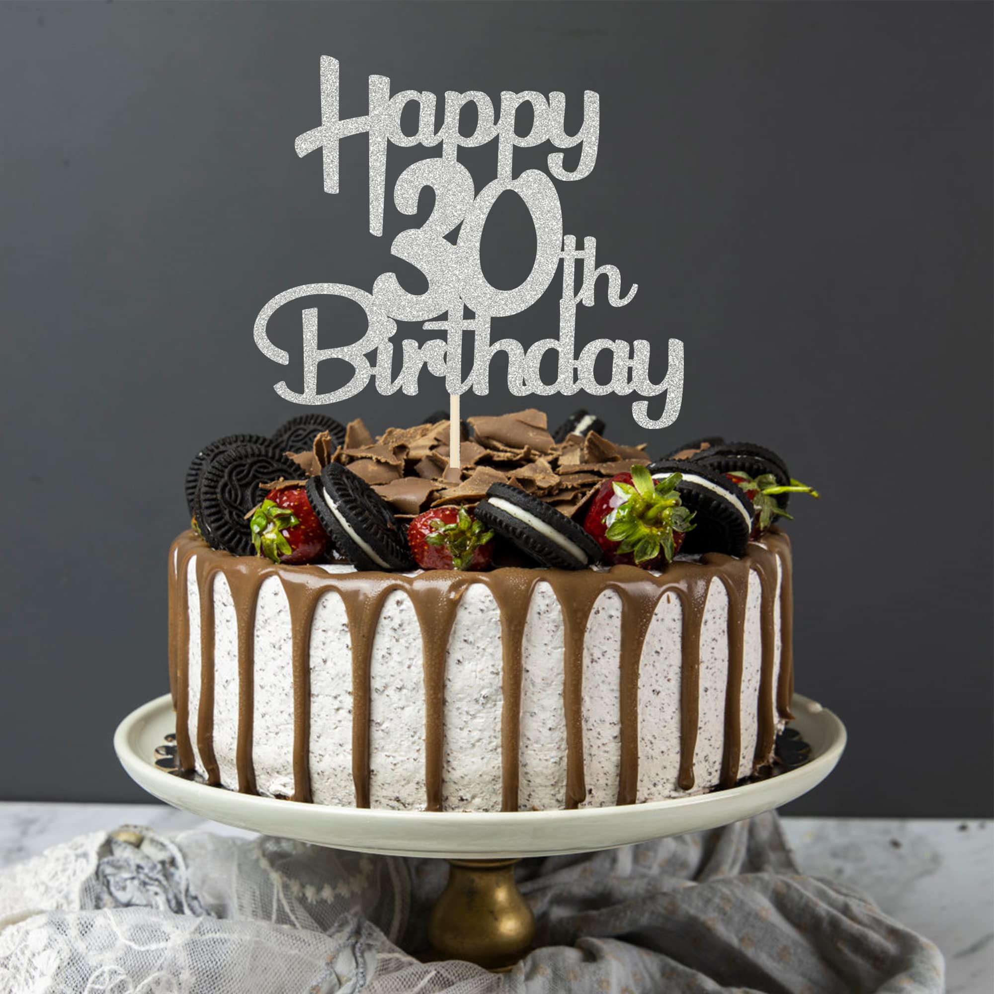 Sotpot Happy 30th Birthday Cake Topper Silver Glitter 30th Cake Toppers 30 Birthday Cake Decorations Cheers to 30 Fabulous Party Cake Picks - 1 Pack