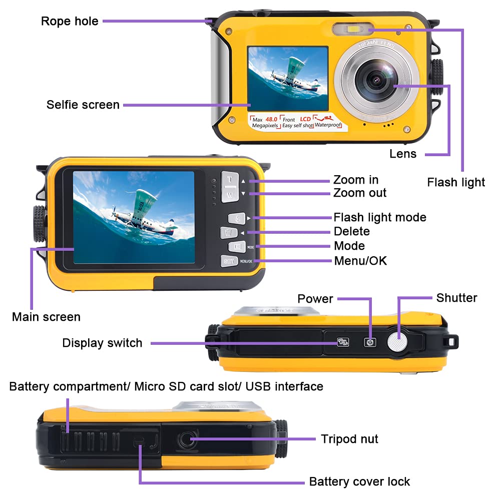 Underwater Camera Full HD 2.7K 48MP Waterproof Camera for Snorkeling Dual Screen Waterproof Camera Digital with Self-Timer and 16X Digital Zoom (WPC-1)
