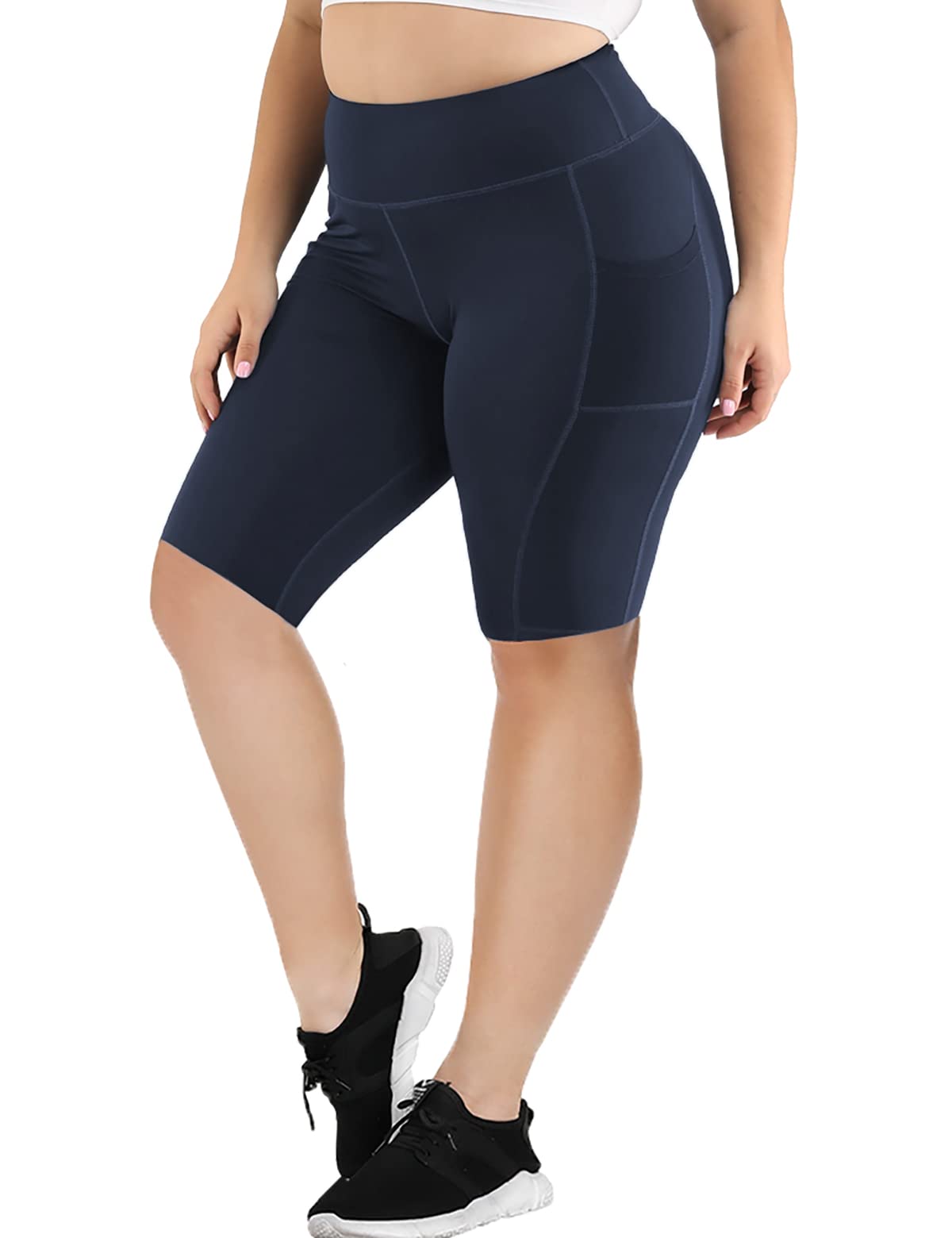 Uoohal Women's Yoga Shorts Plus Size High Waist Workout Biker Active Shorts Tummy Control Side Pockets Dark Blue 4XL