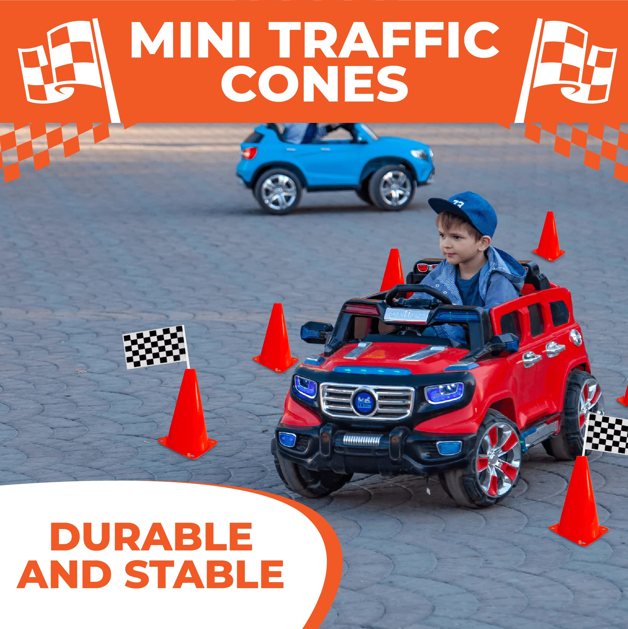 Toysery 24 Pieces Mini Traffic Cones and Checkered Racing Flags - Race Car Birthday Decorations Party Set, Ideal for Outdoor Activity and Obstacle Course Fun as Car Decorations