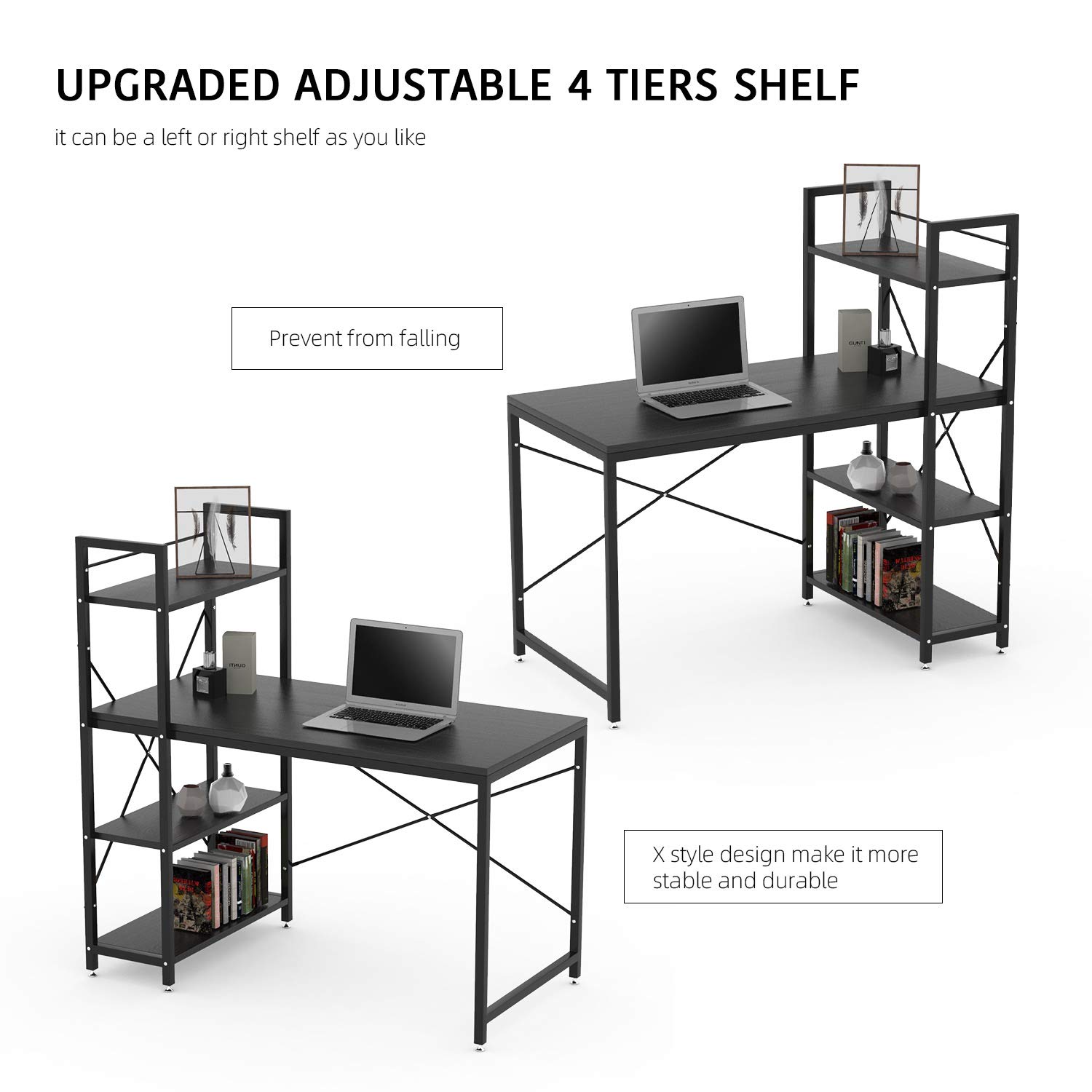 Tower Computer Desk with 4 Storage Shelves - 47.6 inch Writing Study Table with Bookshelves Study Desk Modern Steel Frame Compact Wood Desk Home Office Workstation (Black)
