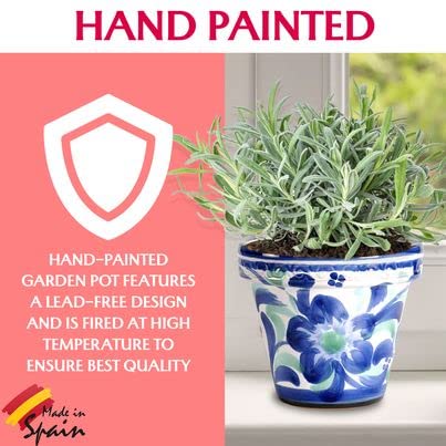 Villa Imports Spanish Hand-Painted Flower Pot - Bring a Touch of Spain to Your Home (6.5") (Blue Flower)