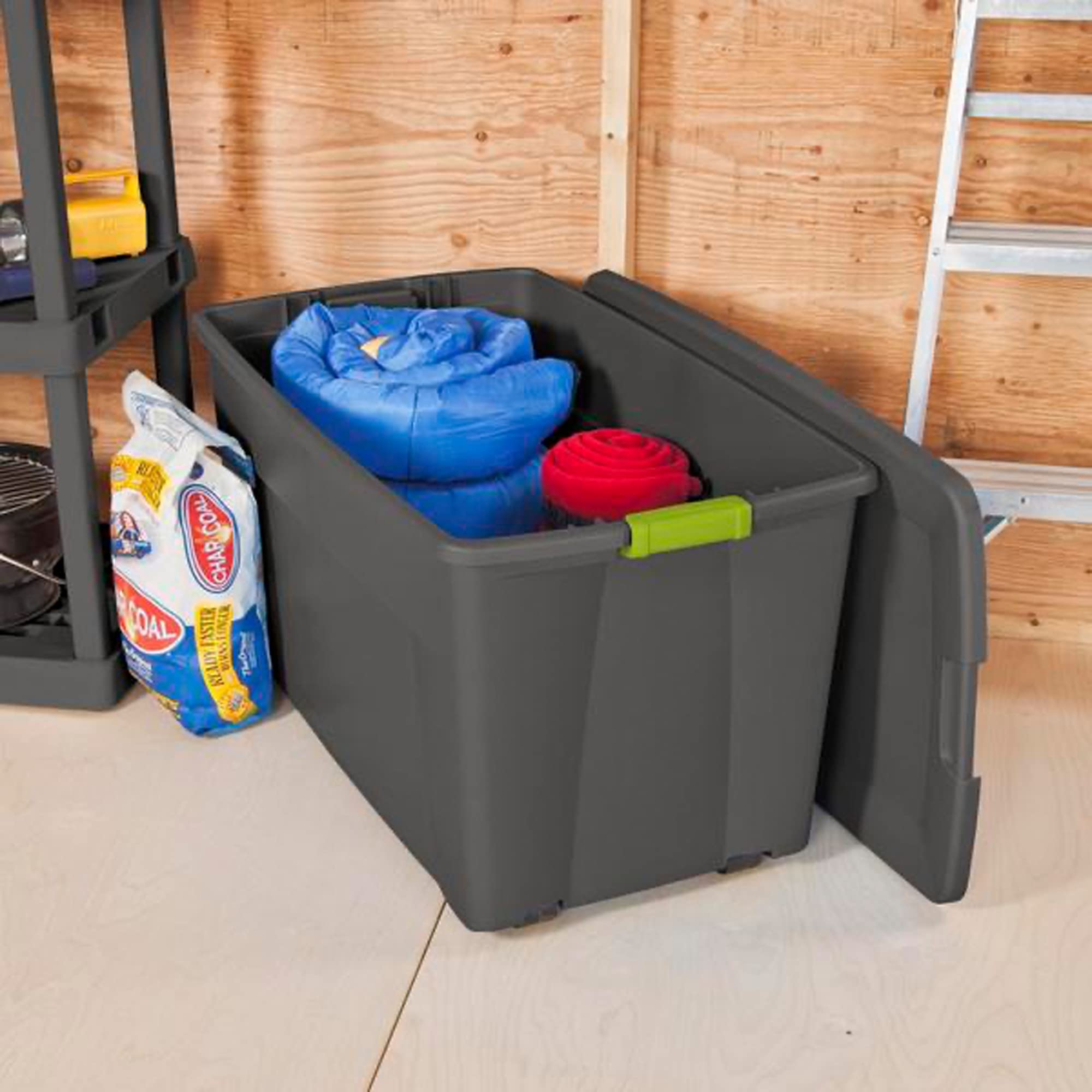 Sterilite 45 Gallon Heavy Duty Plastic Stackable Storage Container Tote with Wheels and Latching Indexed Lid for Home Organization, Gray, 12 Pack