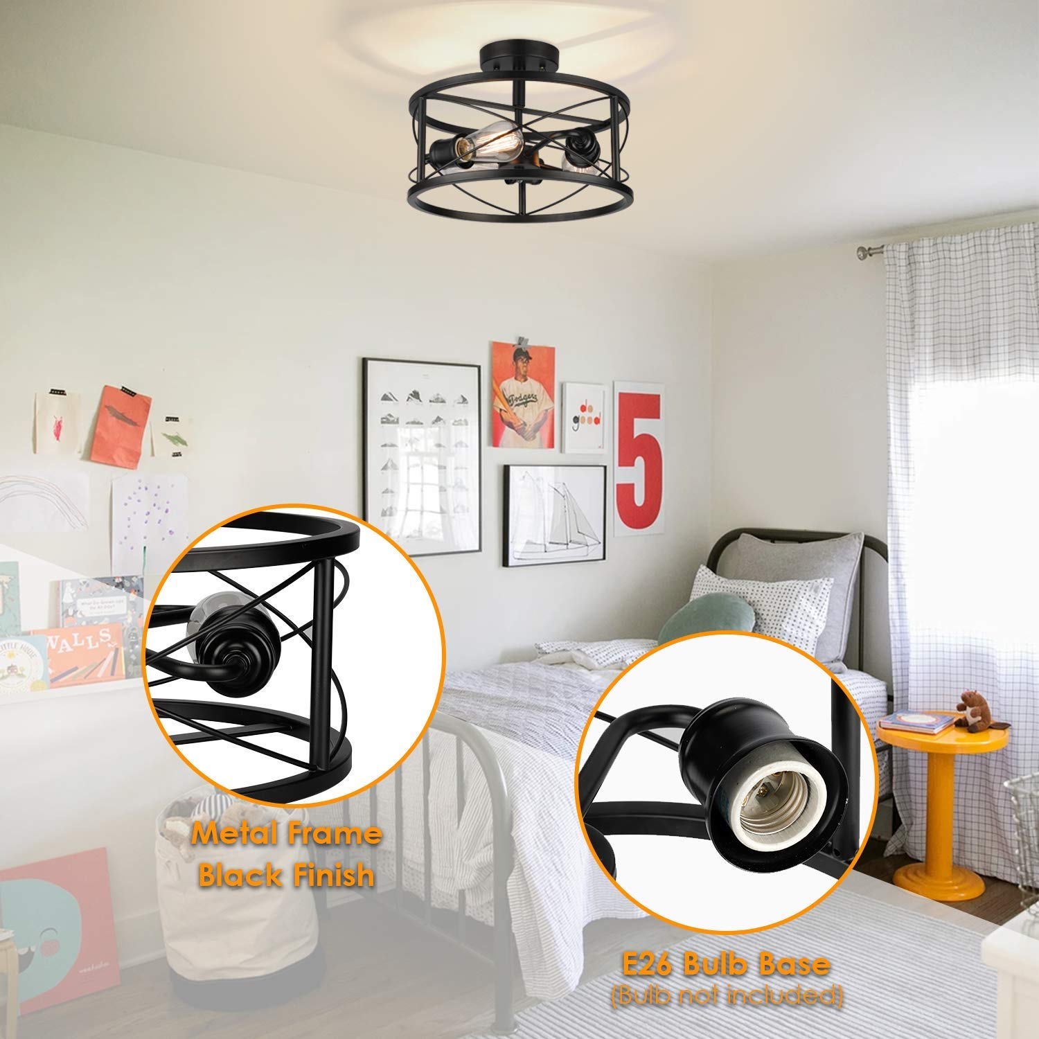 SunRider Industrial 3-Light Semi Flush Mount Ceiling Light, Modern Farmhouse Lighting Fixture with Metal Cage, Black Retro Pendant Lamp for Hallway