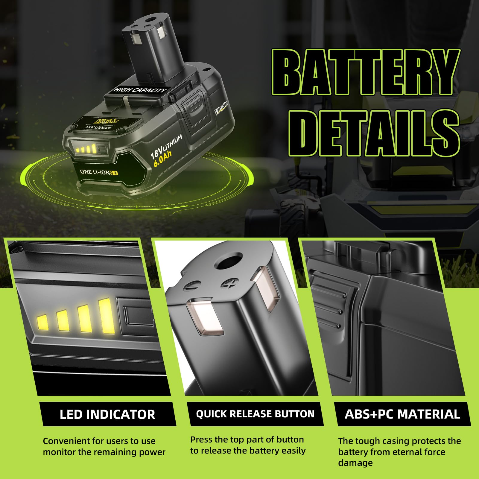 VINIDA 2Pack 6.0Ah 18V P108 Battery Replacement for Ryobi 18V Battery Lithium Compatible with Ryobi Battery P102 P104 P109 Cordless Power Tools