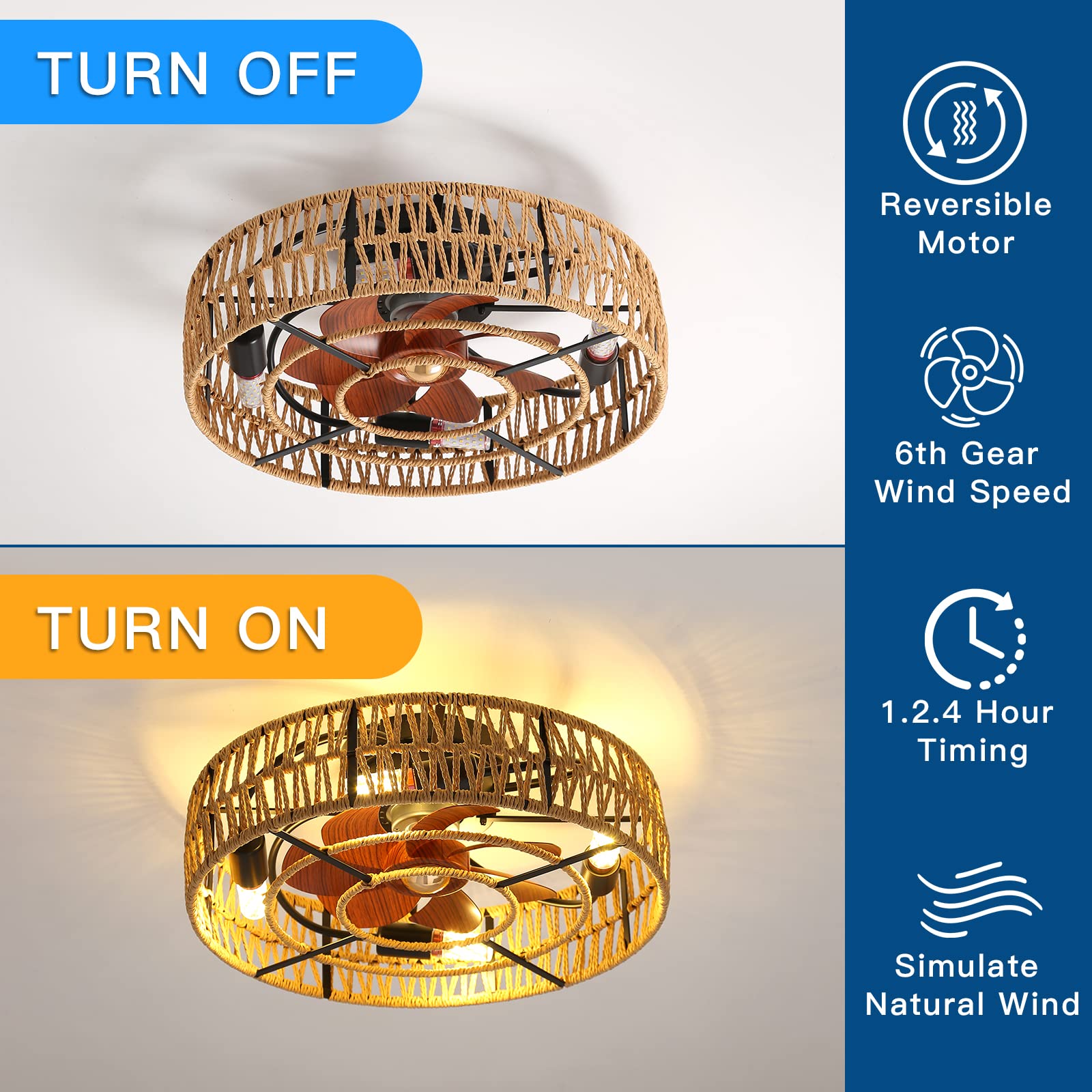 suopnpop Ceiling Fans with Lights and Remote,20 inches rattan Low Profile Farmhouse Flush Mount Ceiling Fan with Light,6 Speed Reversible Boho Caged Ceiling Fan with Light (Bulb Included)