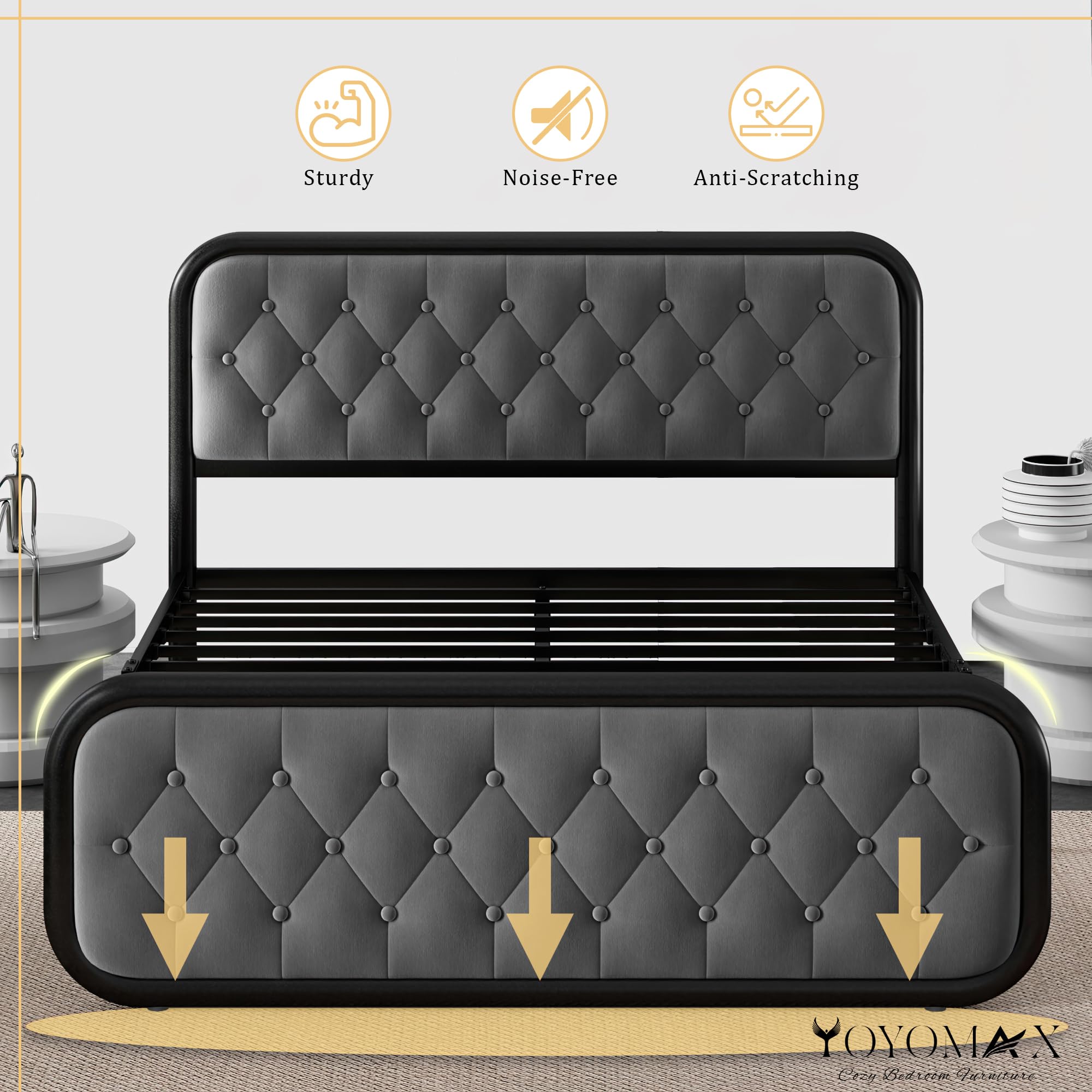 yoyomax King Size Bed Frame with Velvet Button Tufted Headboard, Heavy Duty Bed Frame Platform with Strong Metal Slats,12" Under-Bed Storage, Noise-Free & No Box Spring Need,Easy Assembly, Grey