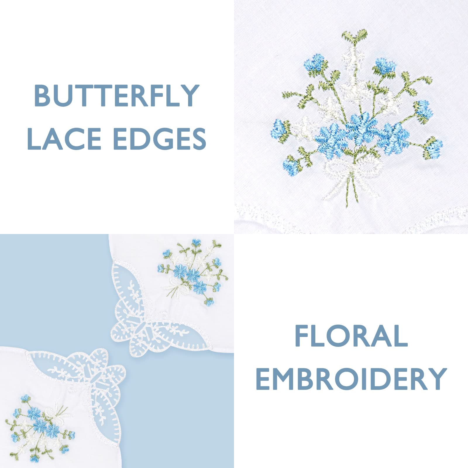 Selected Hanky Women's Cotton Handkerchiefs Flower Embroidered with Lace, Ladies Hankies 6 Pcs - Assorted