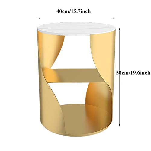 Sofa Side Table Couch Table Metal End Table with Sintered Stone Tabletop, Round Modern Side Table with Storage Shelves Table, 3 Tier Drum End Table Coffee Table for Living Room Bedroom End Tabl