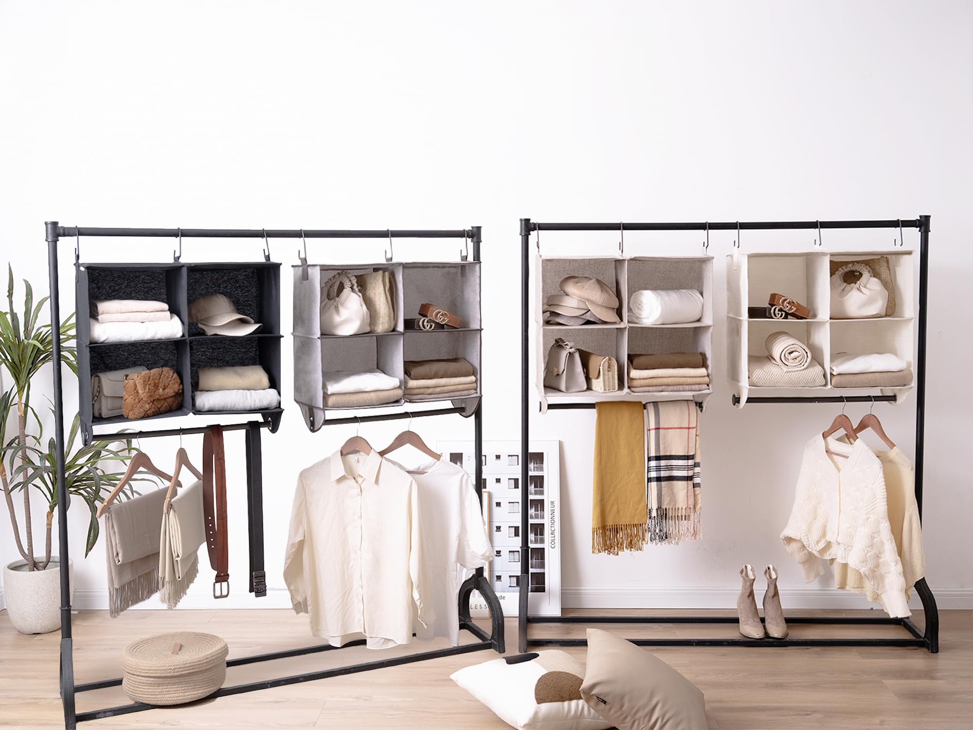 StorageWorks Hanging Closet Organizer with Garment Rod, 4 Section Closet Hanging Shelves, Hanging Clothes Cube Organizer, Mixing of Brown & Beige, 12 ¼" D x 24 ½" W x 28" H