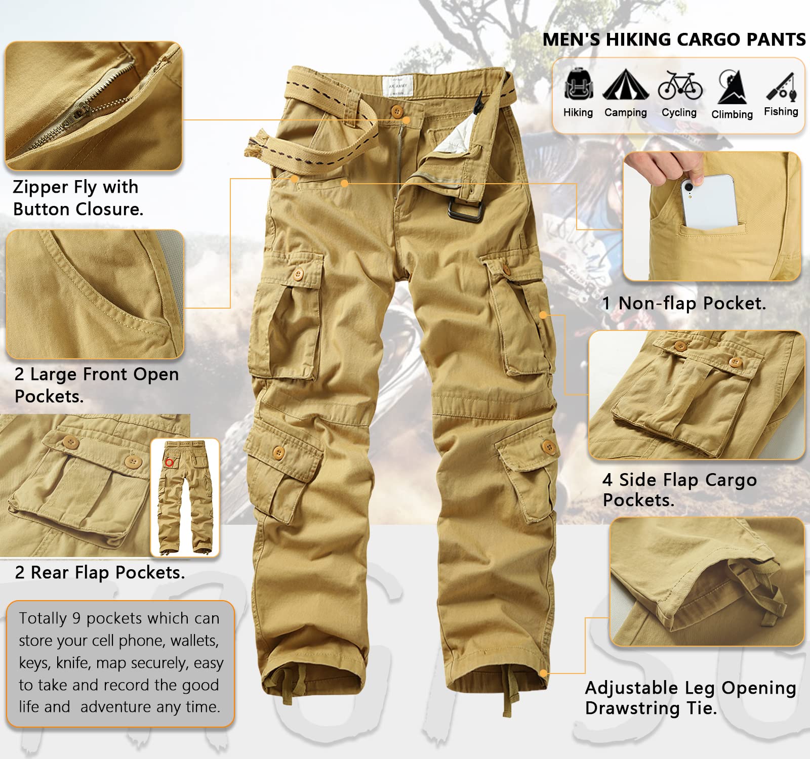 TRGPSG Men's Cargo Pants, Outdoor Tactical Camo Hiking Pants, Multi-Pocket Relaxed Fit Cotton Casual Work Pants 5334 Khaki 36