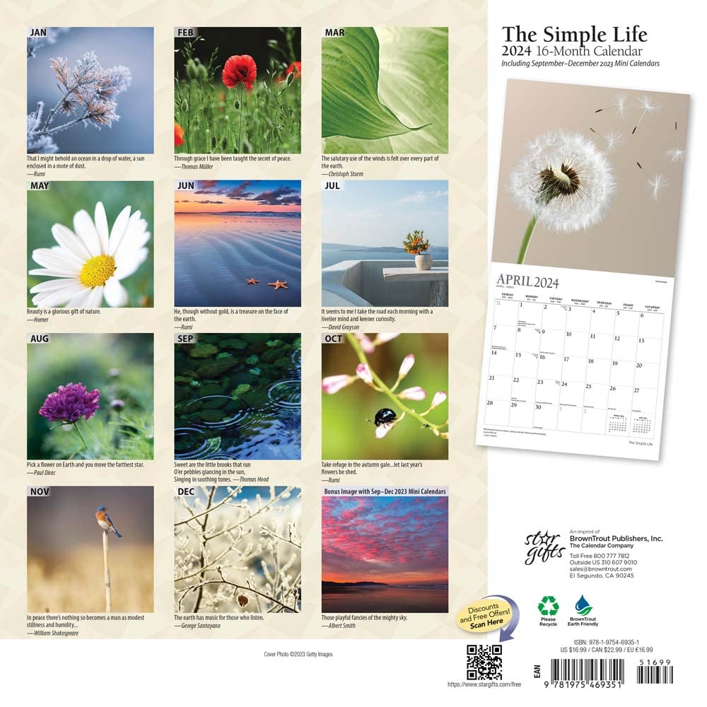 The Simple Life | 2024 12 x 24 Inch Monthly Square Wall Calendar | Sticker Sheet | StarGifts | Inspiration Photography