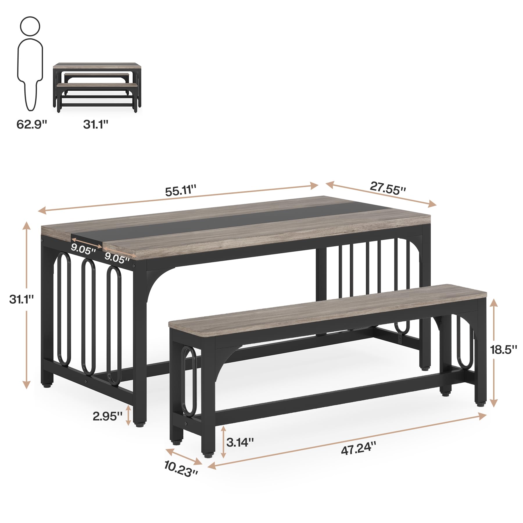 Tribesigns 55 Inch Dining Table Set for 4-6, 3-Piece Kitchen Table with 2 Benches, Space-Saving Dining Room Table Set for Home Kitchen, Restaurant, Rustic Brown