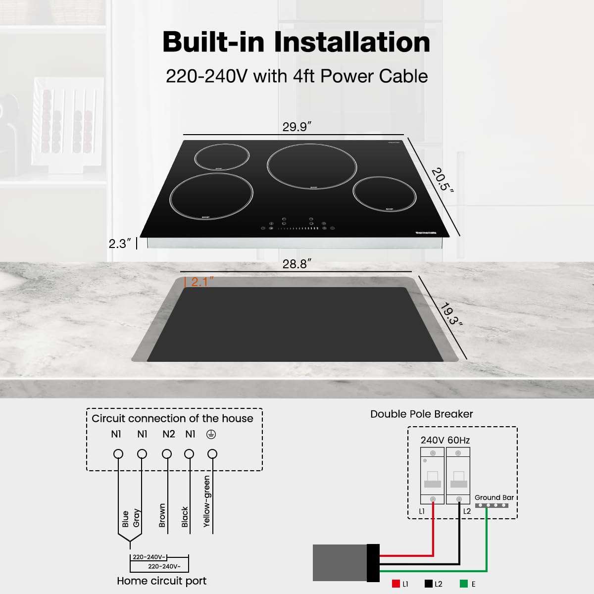 thermomate 30 Inch Induction Cooktop, 6500W Built in Induction Stove Top with 4 Boost Burner, ETL & FCC Certified Electric Cooktop, 9 Heating Level, Timer & Child Lock, Sensor Touch, 240V
