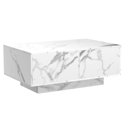St.Mandyu LED Coffee Table with Storage Drawers,Modern High Glossy Center Table with 20 Colors LED Lights for Living Room (White Marble)