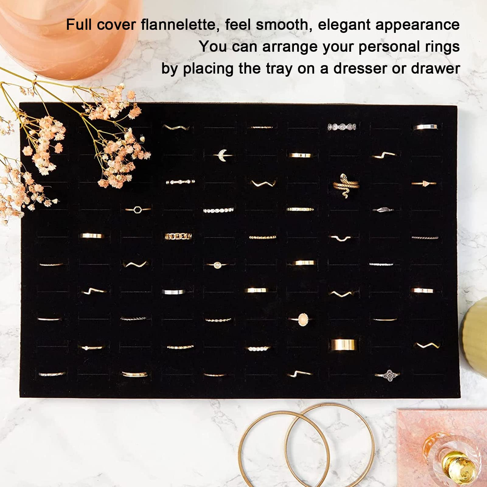 UPQRSG Ring Holder Display Tray, 50 Slots Black Soft Velvet Ring Organizer, Jewelry Organizer Stand, Stud Earring Holder Organizer for Selling Rings Earrings Show
