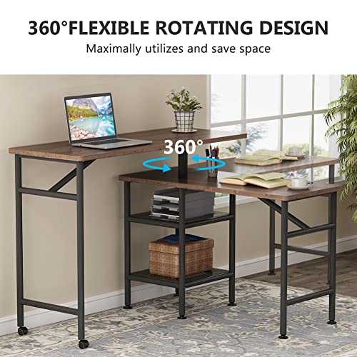 Tribesigns L Shaped Rotating Standing Desk, Industrial 360 Degrees Free Rotating Corner Computer Desk with Storage Shelf, Reversible Rustic Office Desk with Wood Veneer Great for Home Office (Rustic)