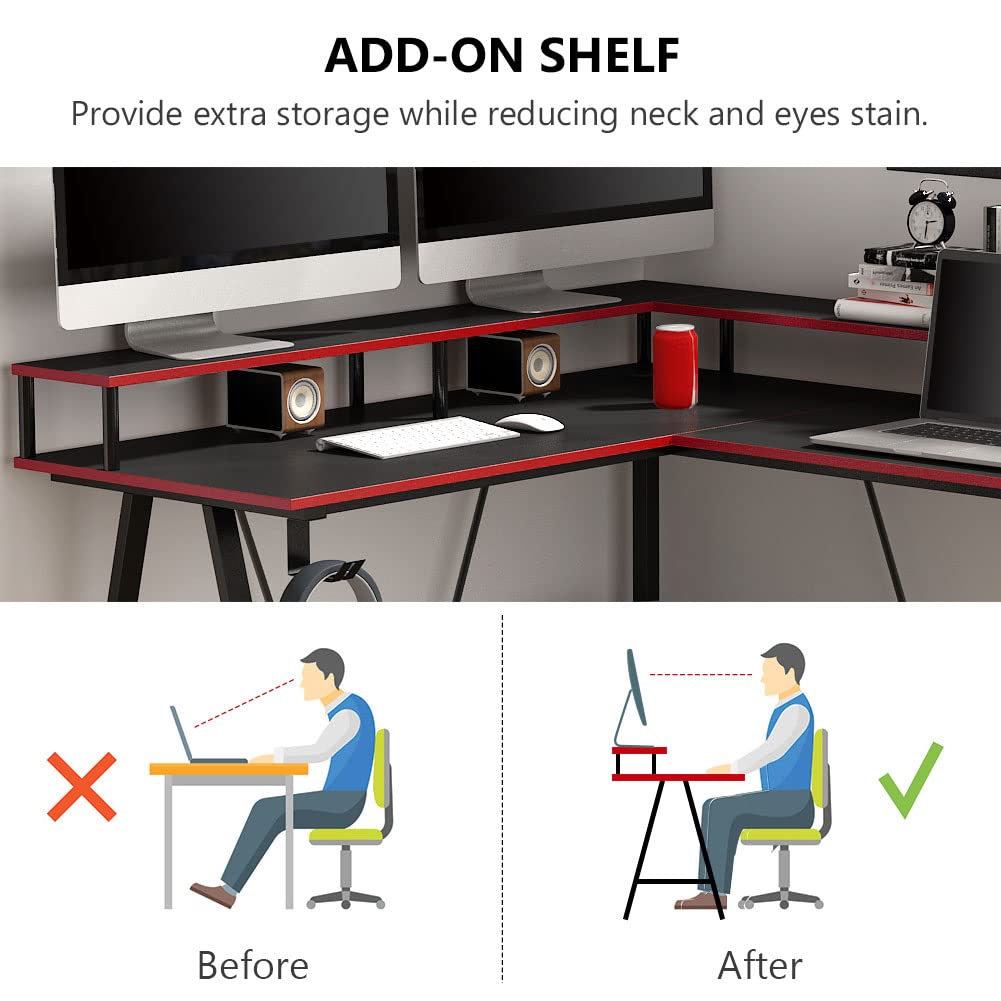 Tribesigns L-Shaped Desk with Shelf, 57 x 51 Inch Corner Computer Gaming Desk with Monitor Stand for Home Office and Gamer, Large PC Laptop Study Writing Table Workstation