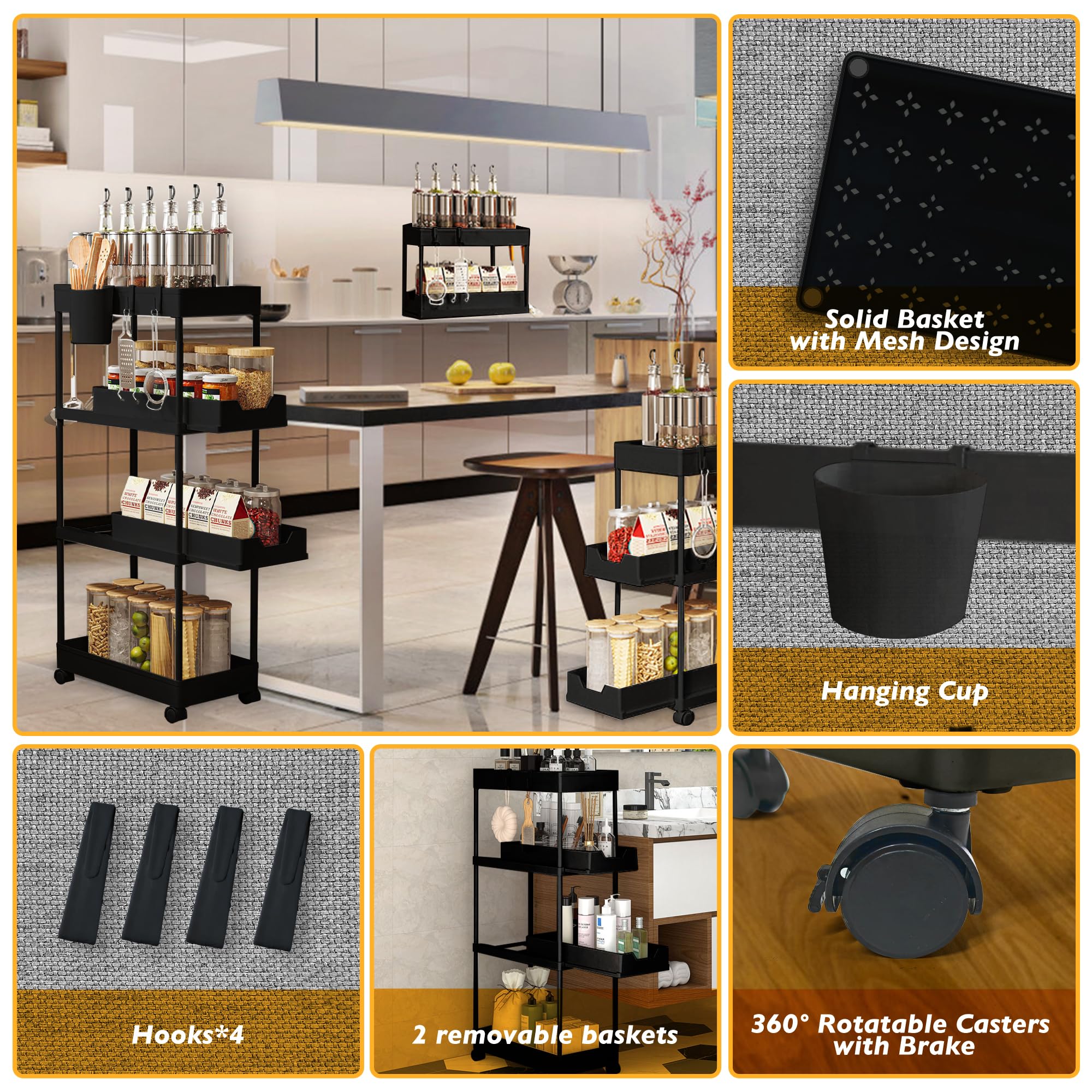 SVOHZAV Slim Storage Cart with Lockable Wheel, Standing Shelves with Removable Baskets, 4 Tier Rolling Cart, Mobile Versatile Organizer for Laundry, Bathroom, Kitchen, and Narrow Places (black)
