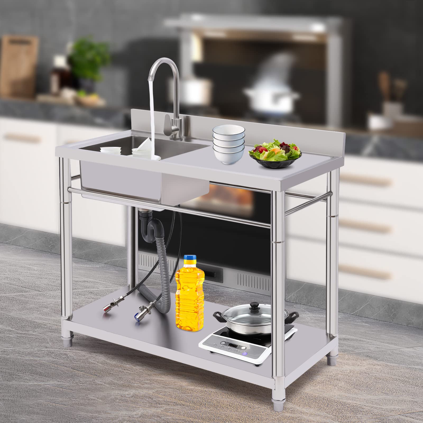 Stainless Steel Sink, Free Standing Single Bowl Commercial Kitchen Sink Kitchen Sink with Faucet & Shelf Kitchen Prep Outdoor Unity Sink for a Laundry Room Garage 31.5β x 39.37β x 19.68β