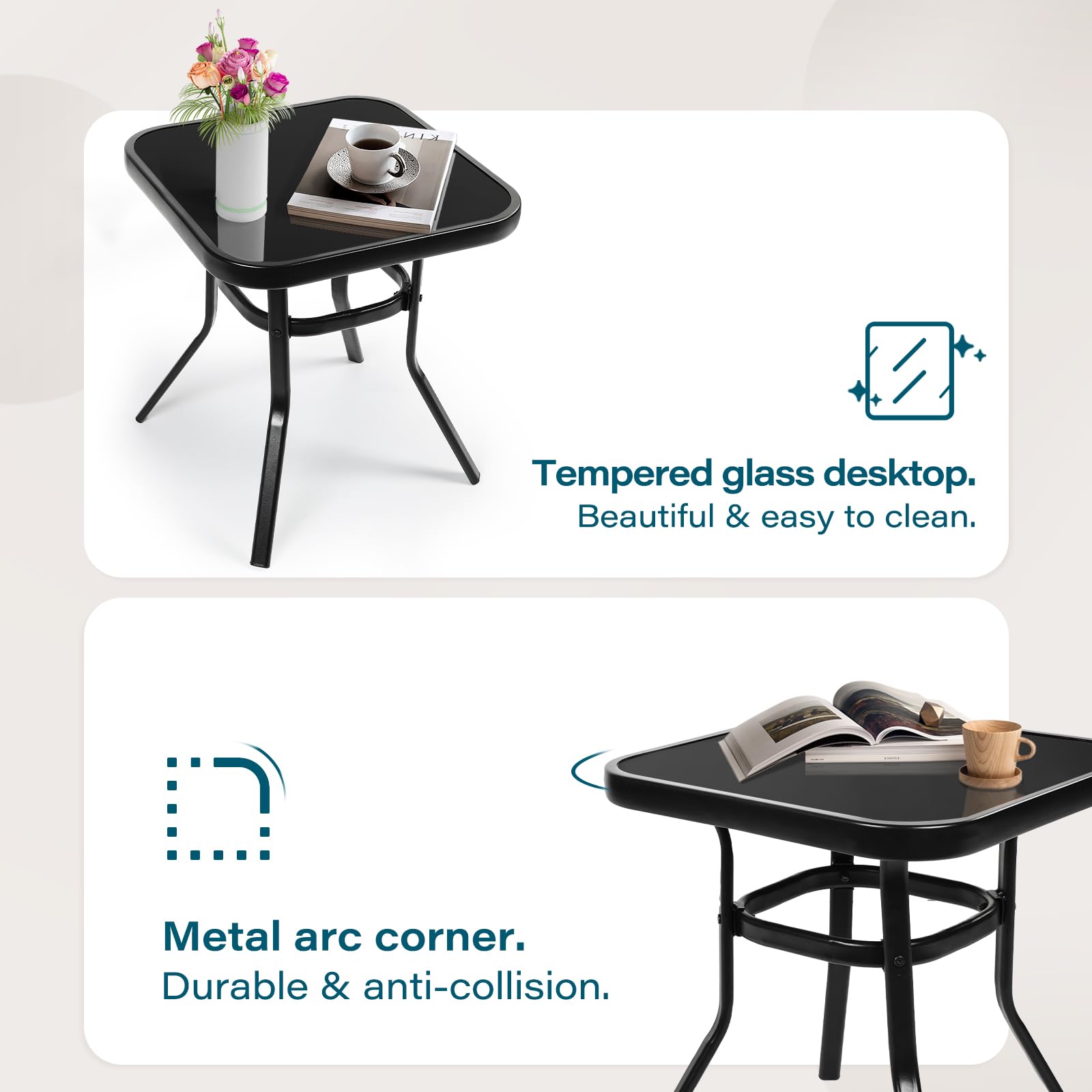 SOLAURA 3-Piece Outdoor Rocking Chairs Bistro Set, Black Iron Patio Furniture with Gray Thickened Cushion & Glass-Top Coffee Table