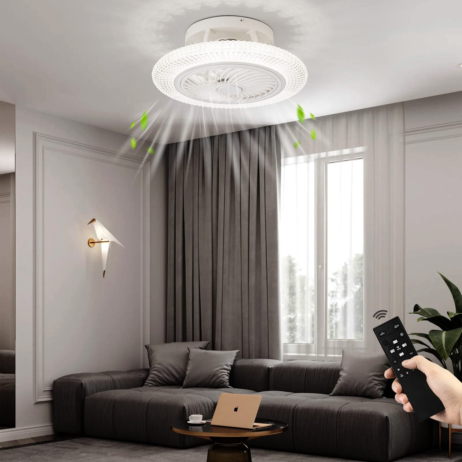 stambord Ceiling Fans with Lights Remote Control, 18”LED Ceiling Fan Modern Low Profile Ceiling Fan with Dimmable 3 Colors 6 Speeds, Enclosed Flush Mount Ceiling Fan for Bedroom, Kitchen(White)