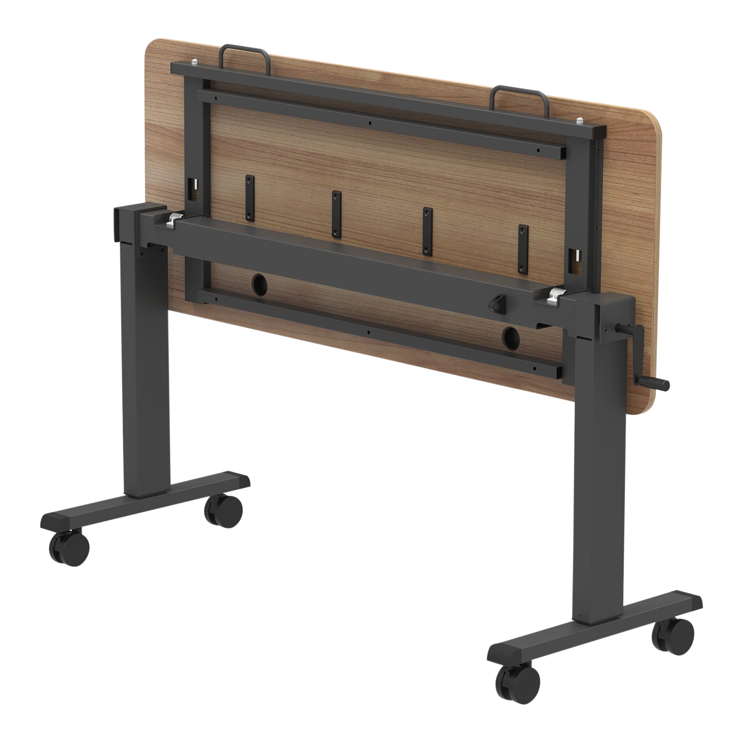 Stand Up Desk Store Crank Adjustable Height Flip Top Rolling Conference Classroom Table (Black Frame/Natural Walnut Top, 60" Wide)