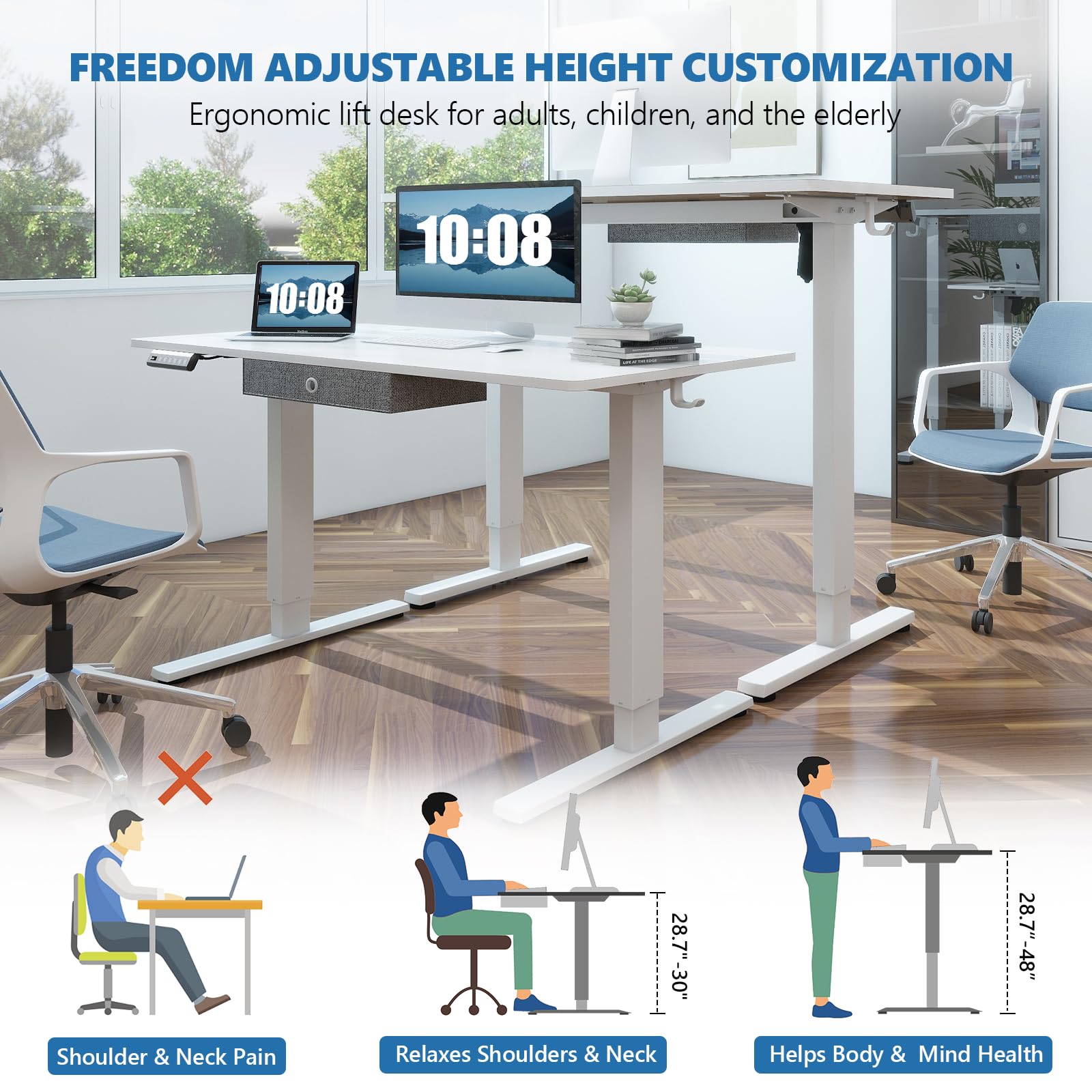 Sweetcrispy Electric Adjustable Height Desk Rising Office Computer Sit to Stand Up Table with Splice Board, 2 Hook and Wire Hole for Home Work, 48IN x 24IN, White with Single Drawer
