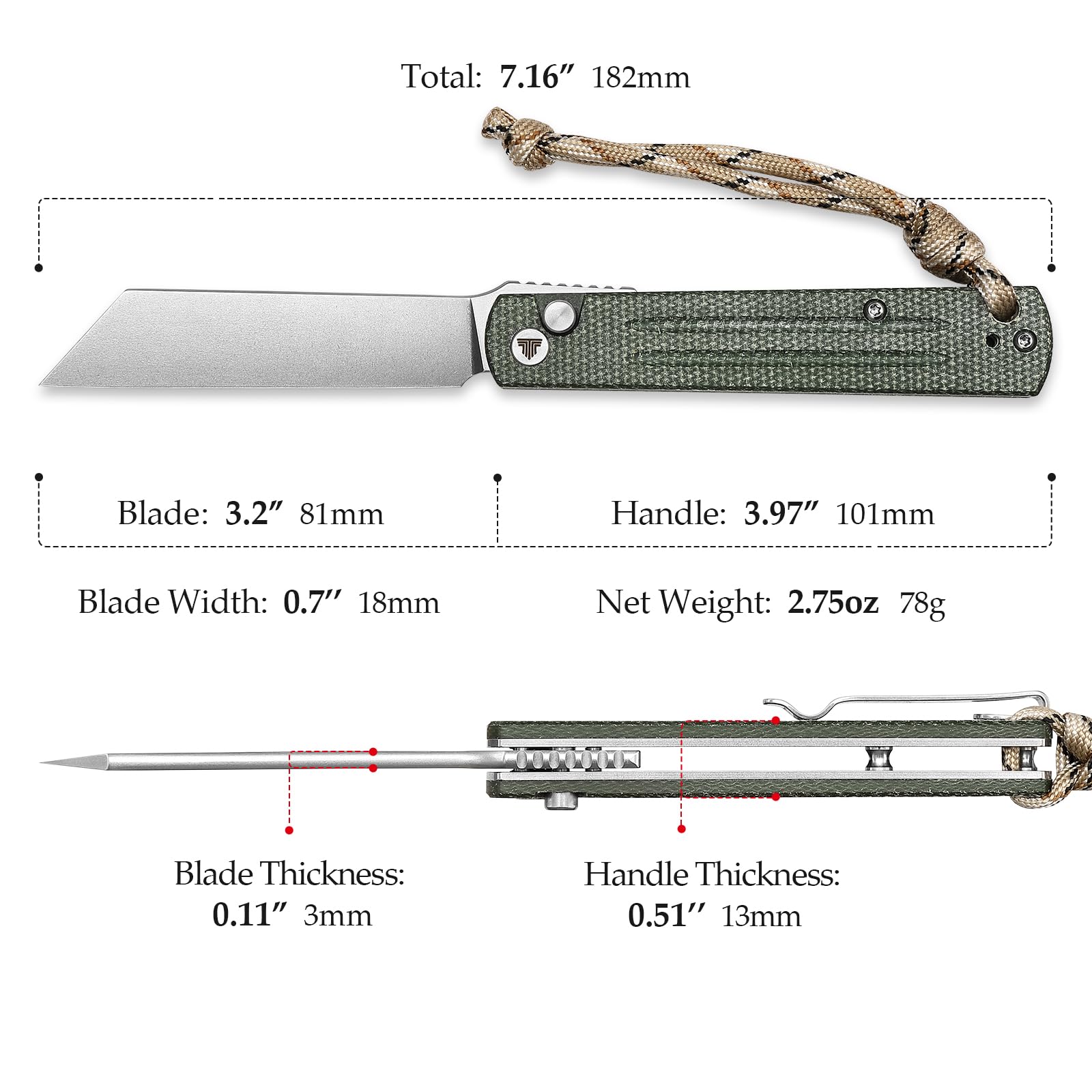 TRIVISA Japanese Higonokami Razor Button Lock Folding Pocket Knife for Men or Women, EDC Tool Camping Outdoor Knives with Pocket Clip,3.2" 10Cr15CoMoV Blade and Micarta Handle Hydra-04G