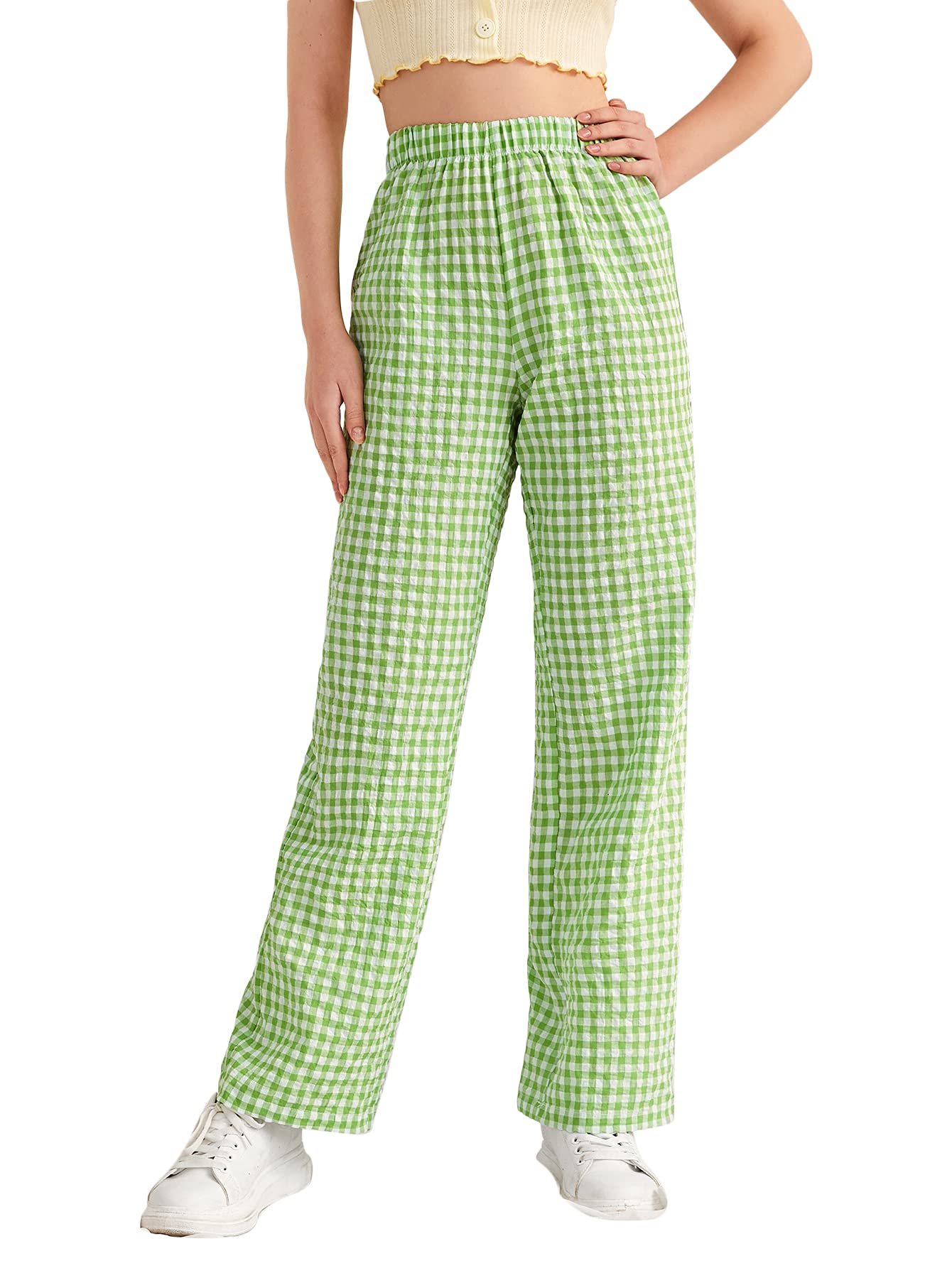 SOLY HUX Women's Casual Gingham Relaxed Fit Elastic High Waisted Straight Wide Leg Y2K Trousers Pants Lime Green M