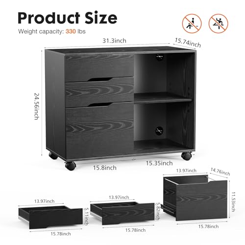 Sweetcrispy File Cabinet 3 Drawer - Storage Filing Cabinets Office Drawers Printer Stand Lateral Mobile Under Desk Organizer Black Wooden with Wheels Adjustable Shelves for Home, Room, Small Spaces