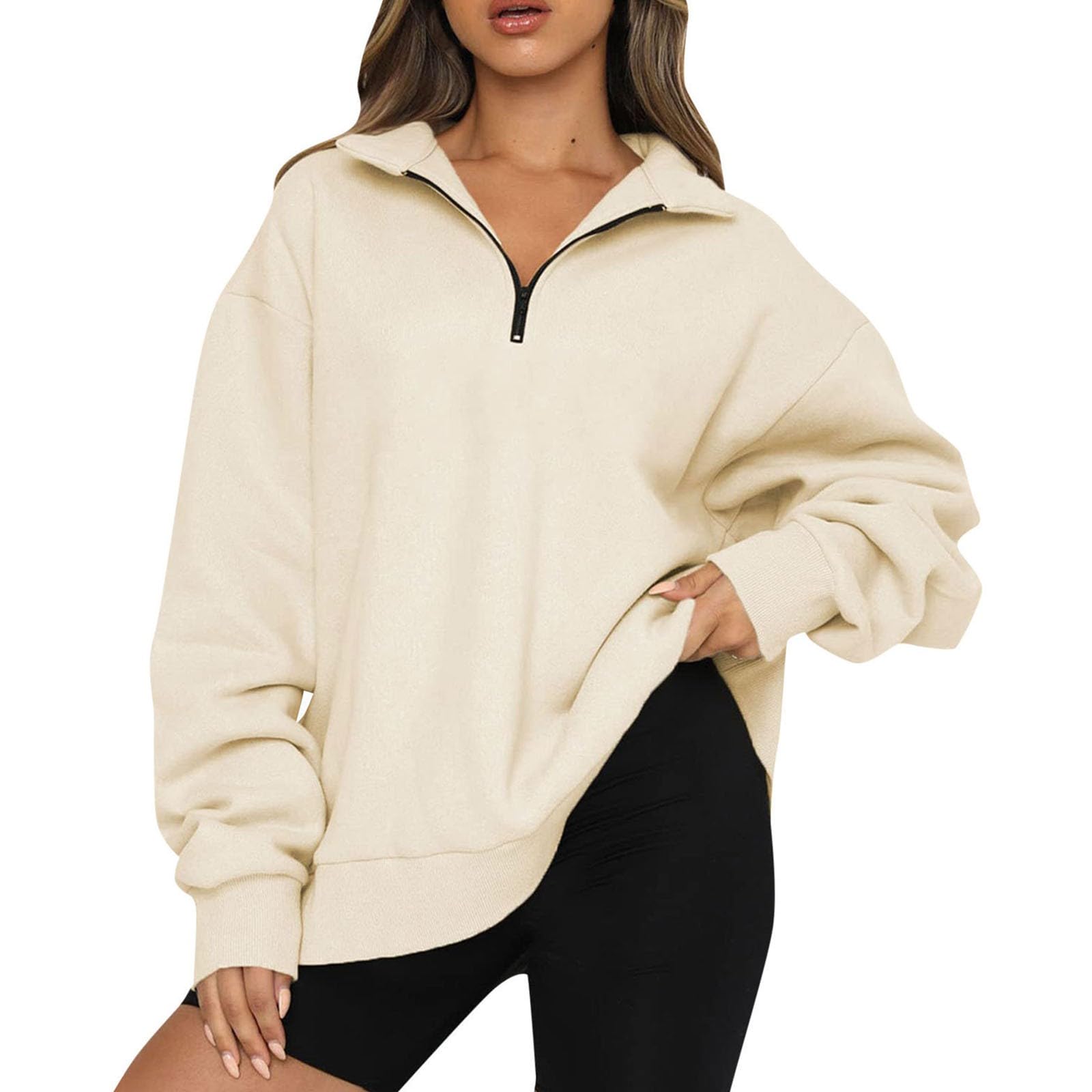Somacperiy Women Half Zip Oversized Sweatshirts Long Sleeve Drop Shoulder Fleece Workout Hoodies Pullover Y2K Clothes(Beige,Large)