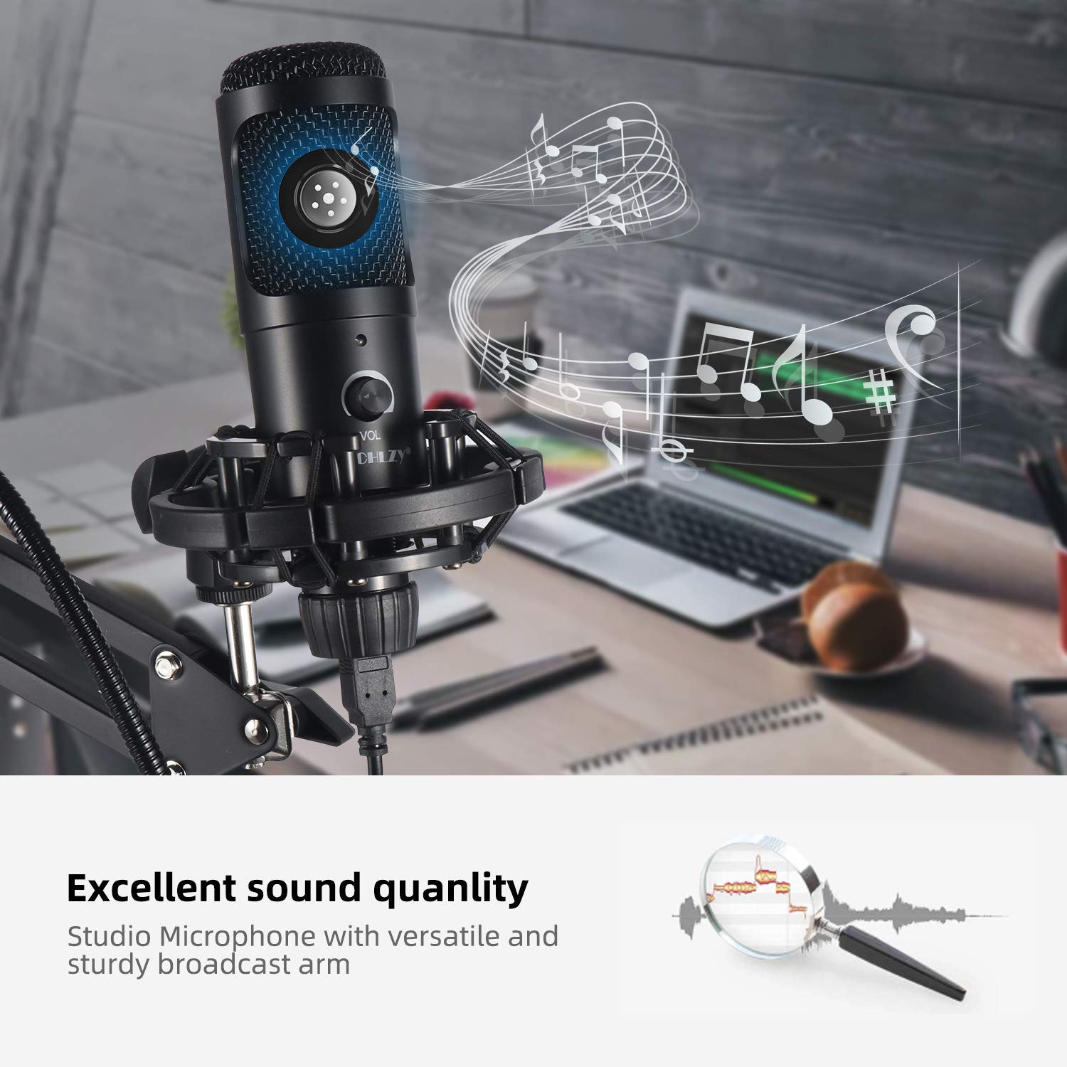 USB Condenser Microphone Bundle Kit,192KHZ/24BIT Professional Cardioid Computer Mic with Adjustable Scissor Arm Stand Shock Mount and Gain Knob for Recording, for Podcasting, Gaming, YouTube (Black)